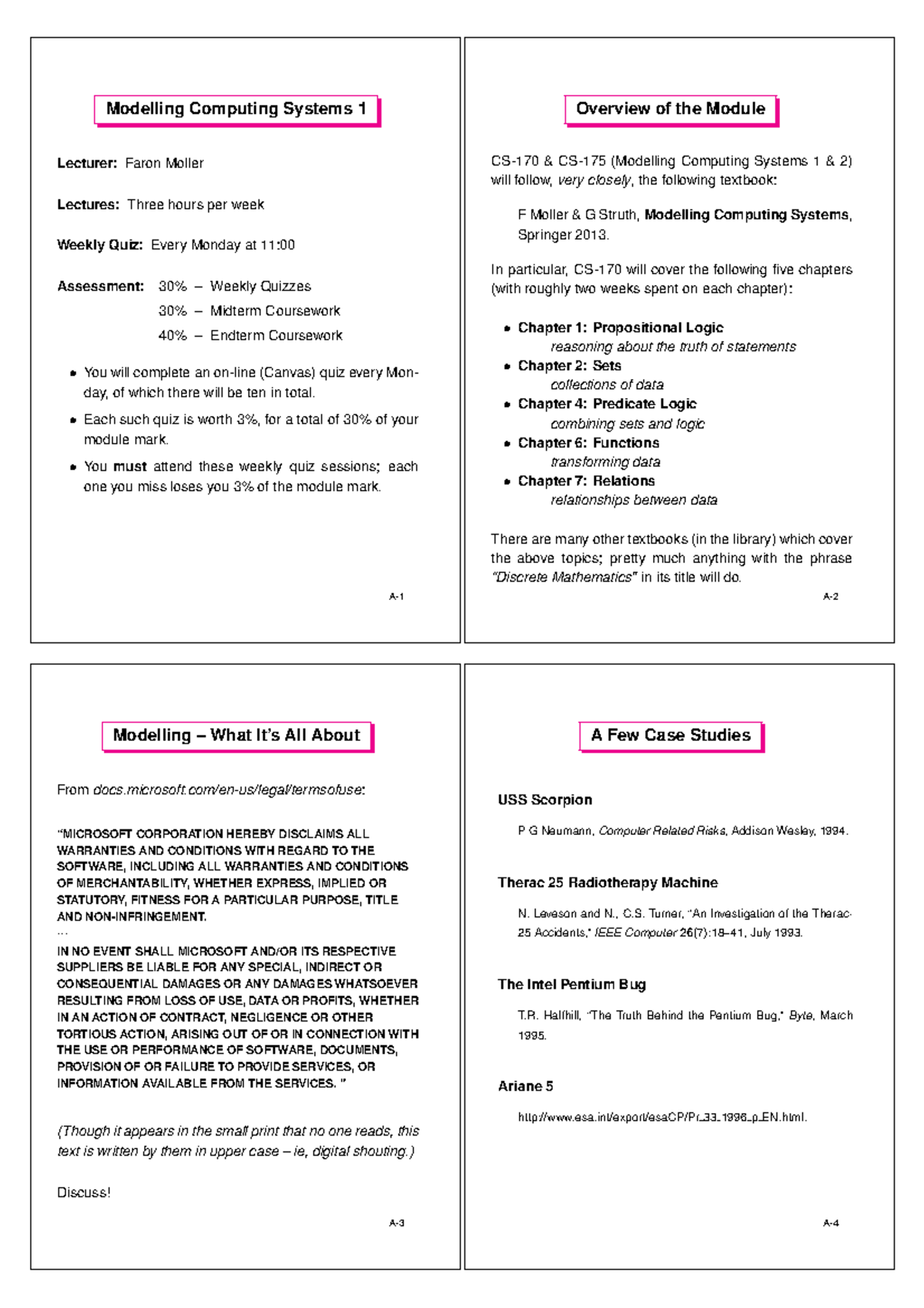 Slides-Printable-4up - Modelling Computing Systems 1 Lecturer: Faron Moller Lectures: Three ...