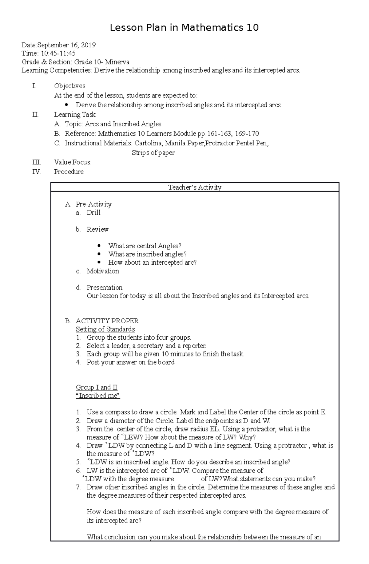 Lesson Plan In Mathematics 10 INscribed Angles Lesson Plan In