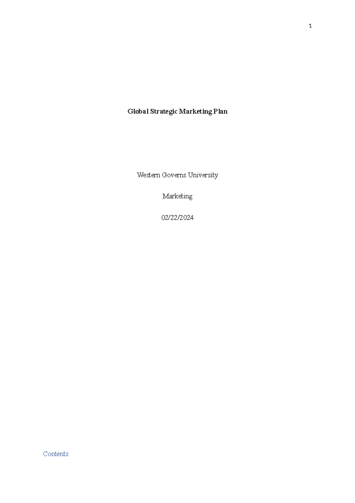 Marketing Task 1 - Global Strategic Marketing Plan Western Governs ...