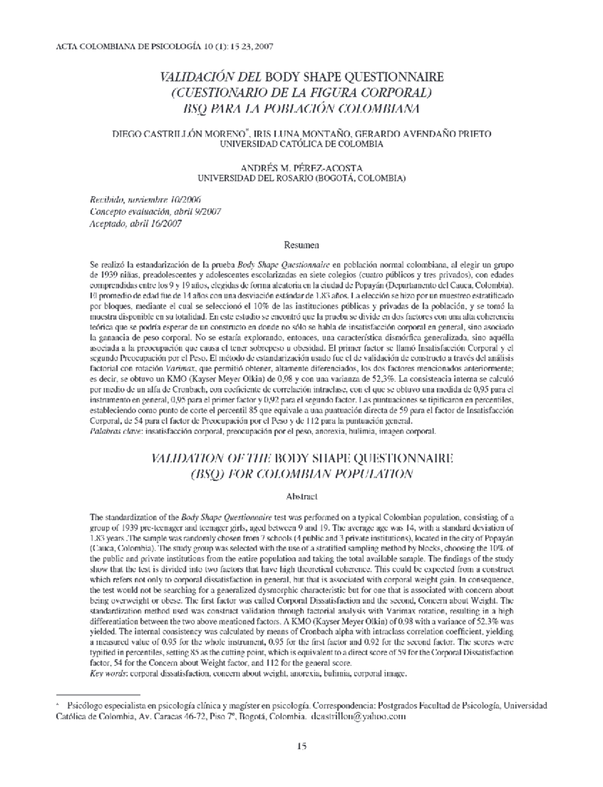 Vista de Validación del body shape questionnaire (cuestionario de la ...