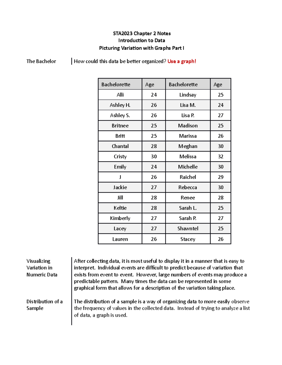 STA2023 Chapter 2 Online Class Notes Part 1 - STA2023 Chapter 2 Notes ...