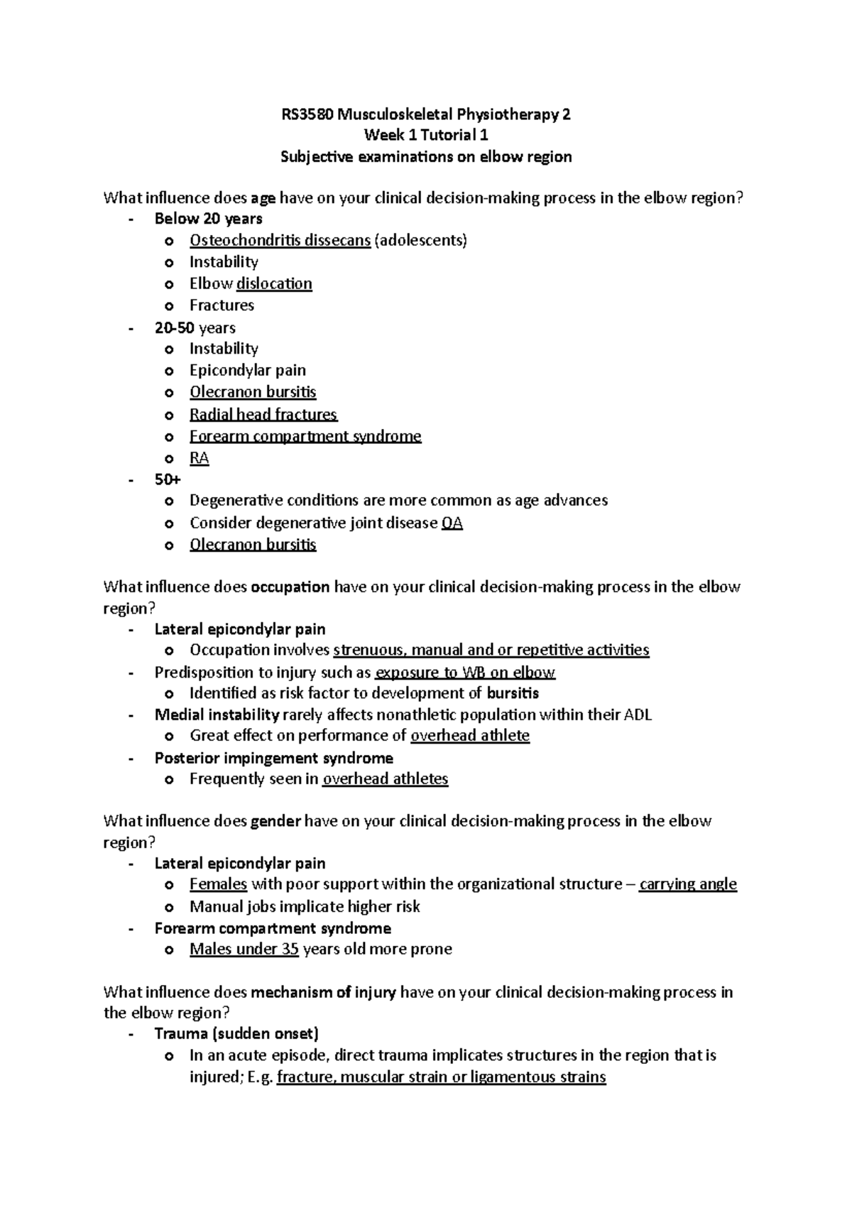 MSK Tut 1 notes - Week 1 Tutorial 1 Subjective examinations on elbow ...
