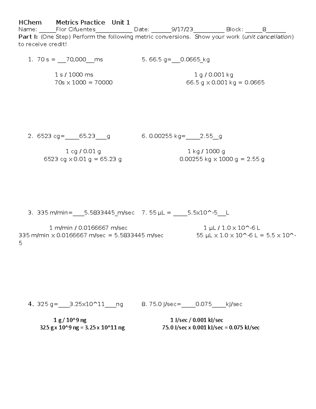Metric conversions practice (1) - HChem Metrics Practice Unit 1 Name ...
