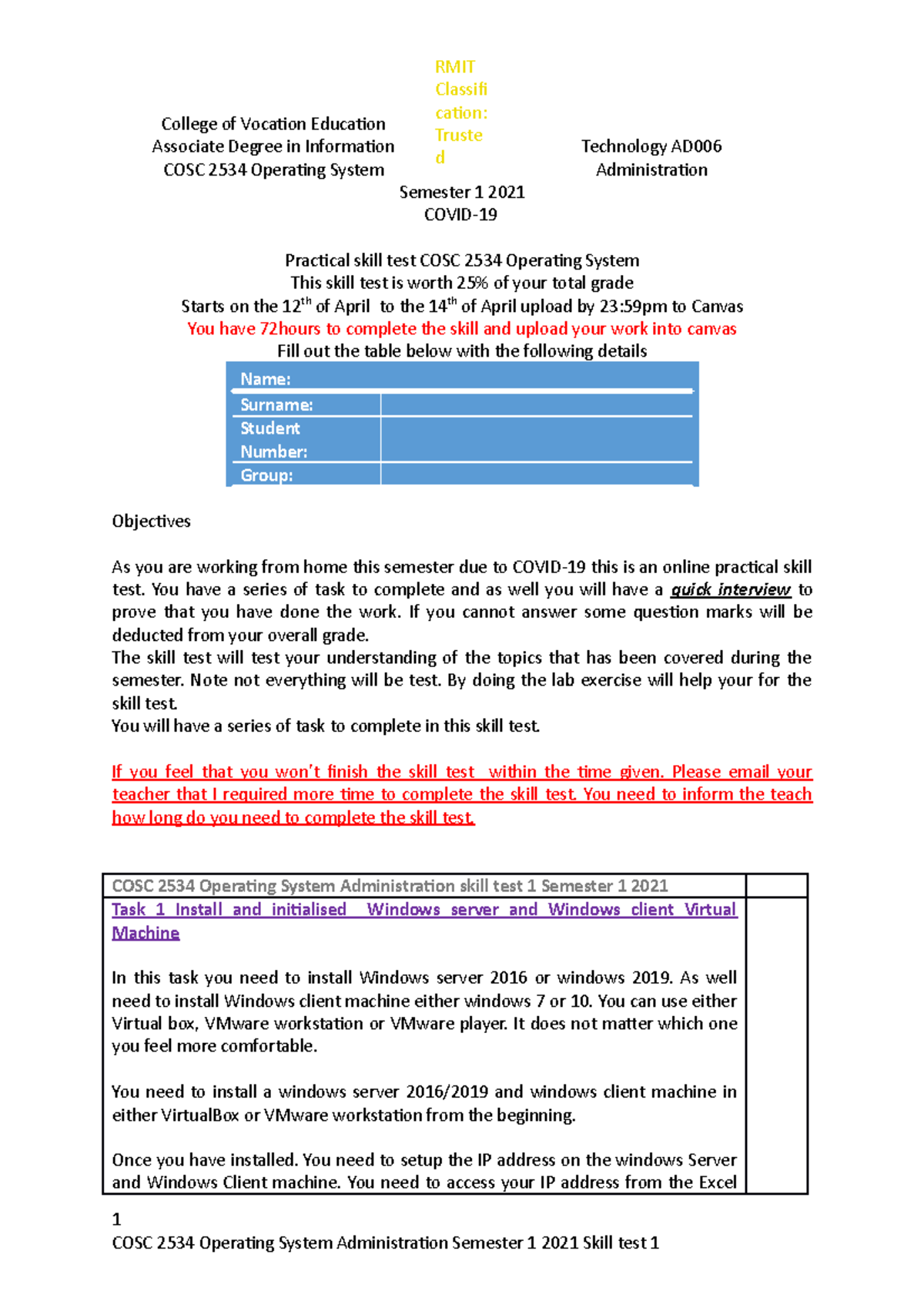COSC 2534 skill test 1 Sem 1 2021 - College of Vocation Education ...