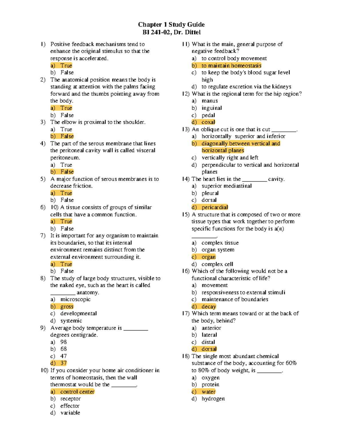 Exam 1 Study Guide - Chapter 1 Study Guide BI 241-02, Dr. Dittel ...