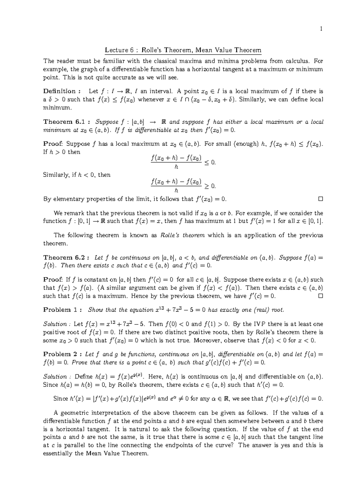 Rolle’s Theorem, Mean Value Theorem - For example, the graph of a ...