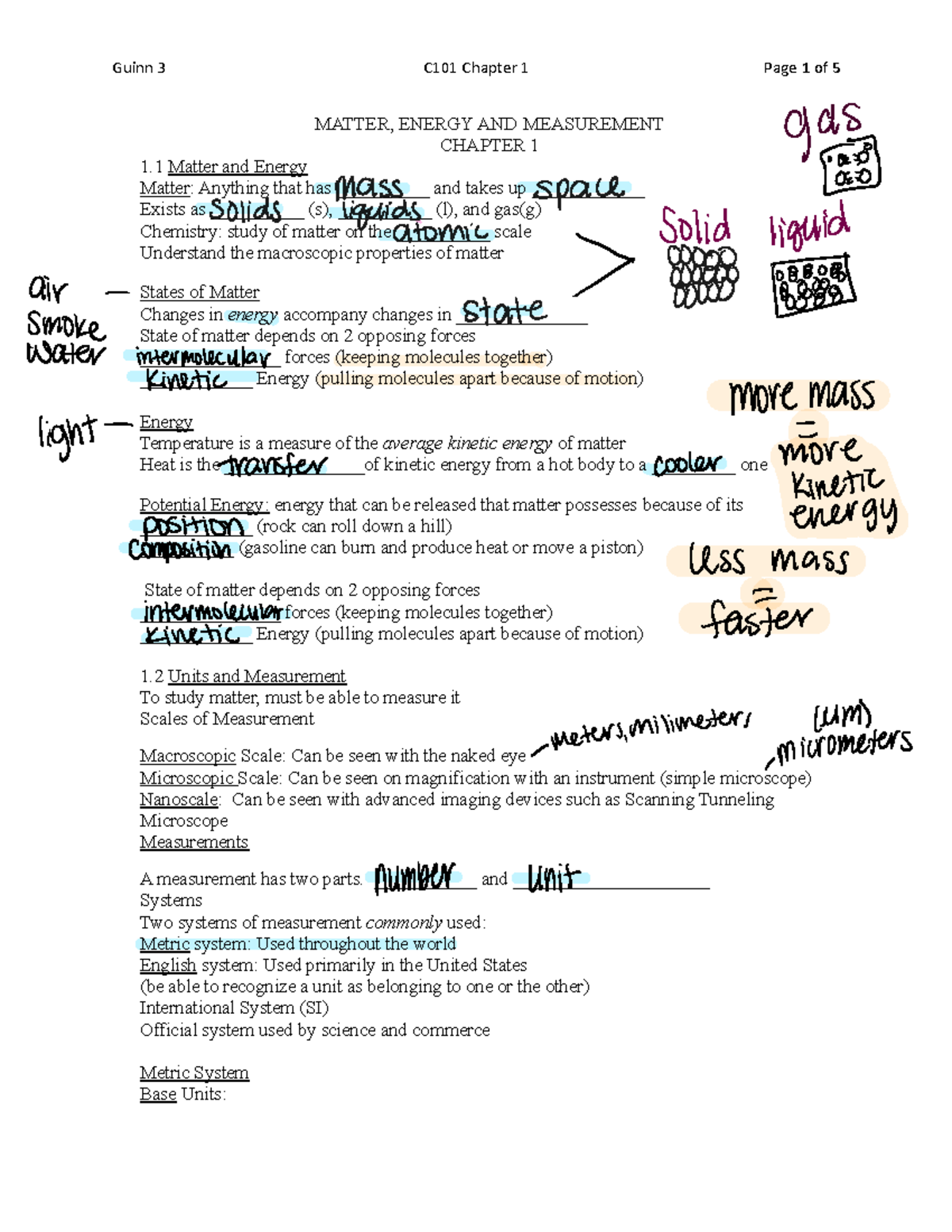 Chem Exam 1 Notes - MATTER, ENERGY AND MEASUREMENT CHAPTER 1 1 Matter ...