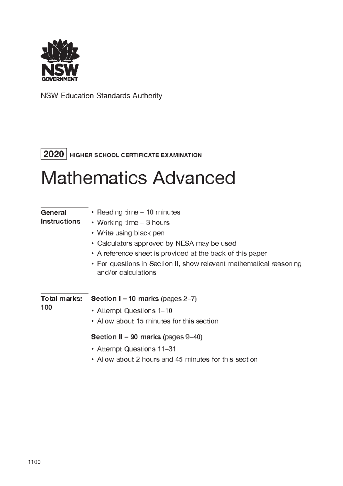 2020 NESA hsc mathematics advanced NESA - 1100 NSW Education Standards ...