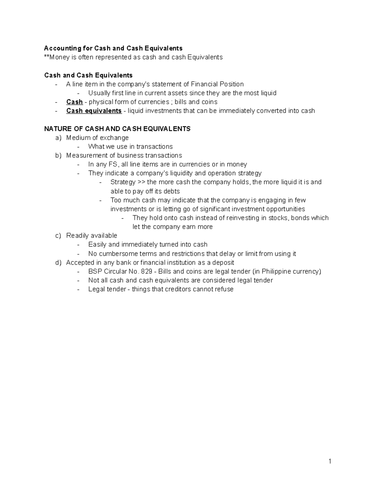 Cash Lecture Notes - Accounting for Cash and Cash Equivalents **Money ...