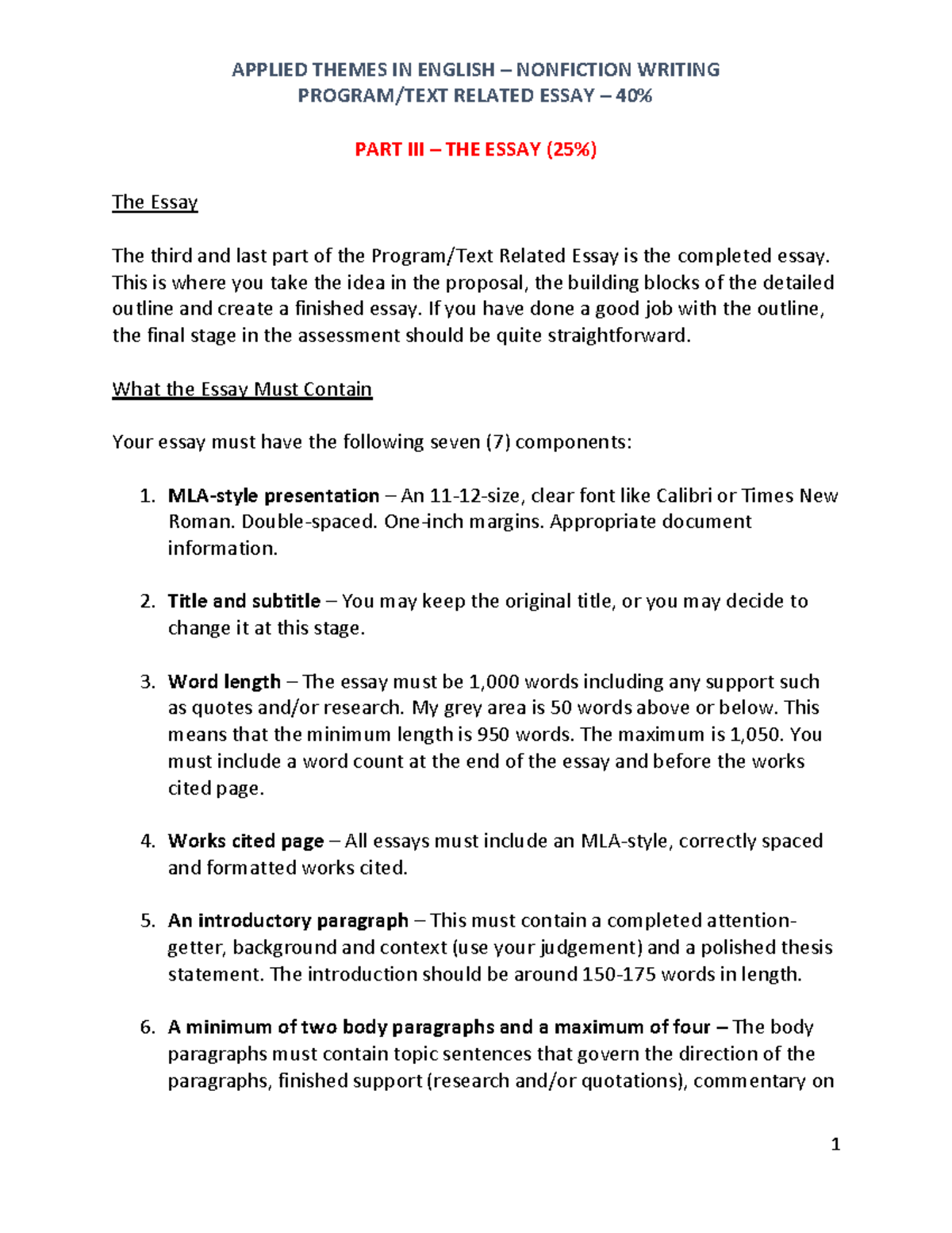 Final Essay Instructions - PROGRAM/TEXT RELATED ESSAY – 40 % PART III ...