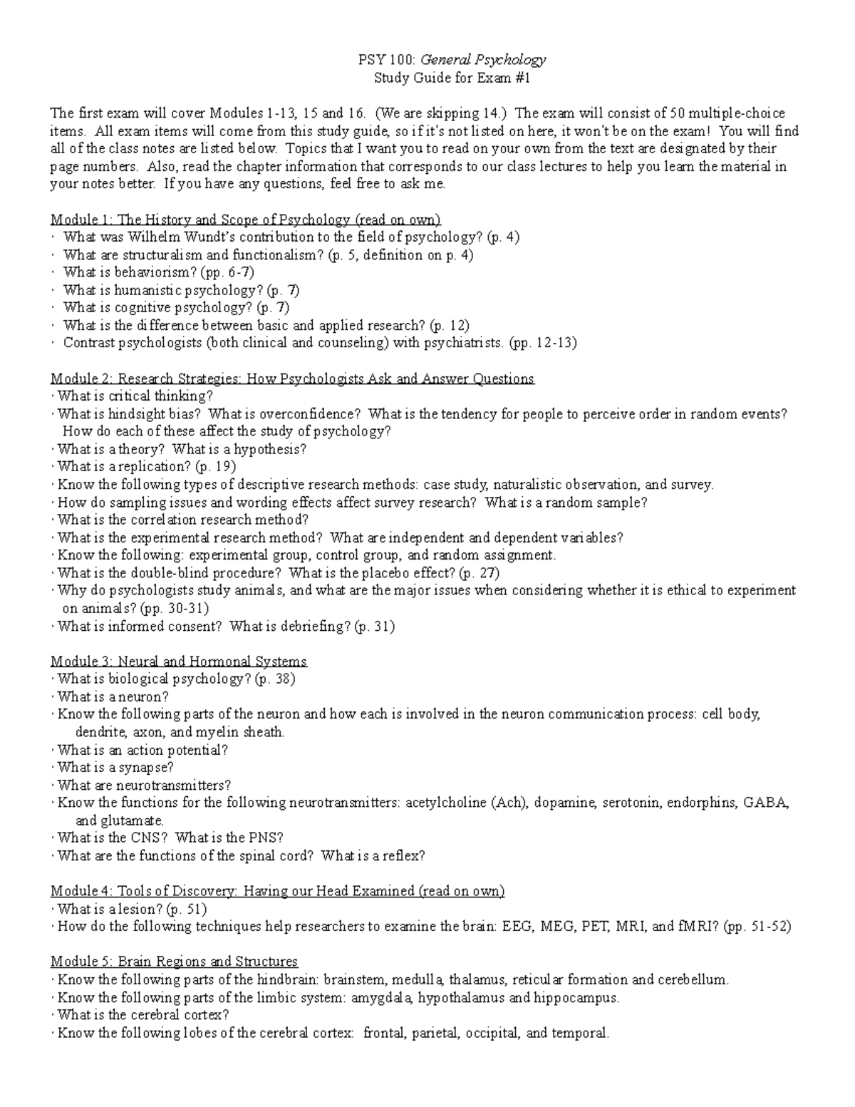 Modules PSY 100 Exam #1 Study Guide - PSY 100: General Psychology Study ...