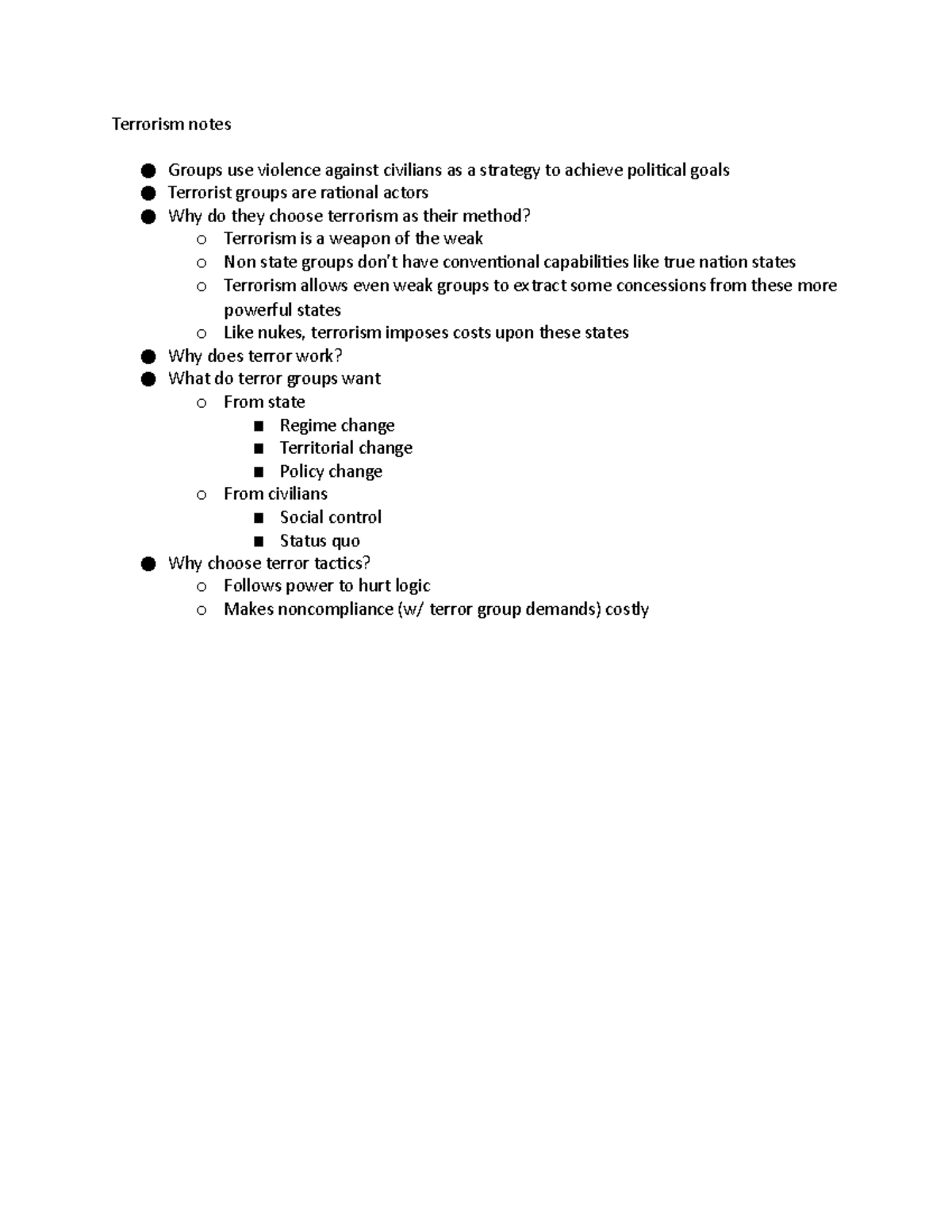 Terrorism notes - Terrorism notes Groups use violence against civilians ...