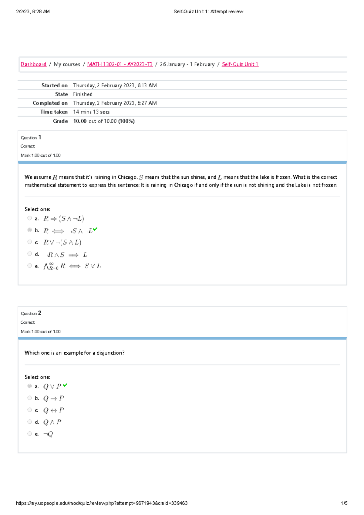 Maths 1302 Self-Quiz Unit 1 Attempt review - Started on Thursday, 2 February 2023, 6:13 AM State ...