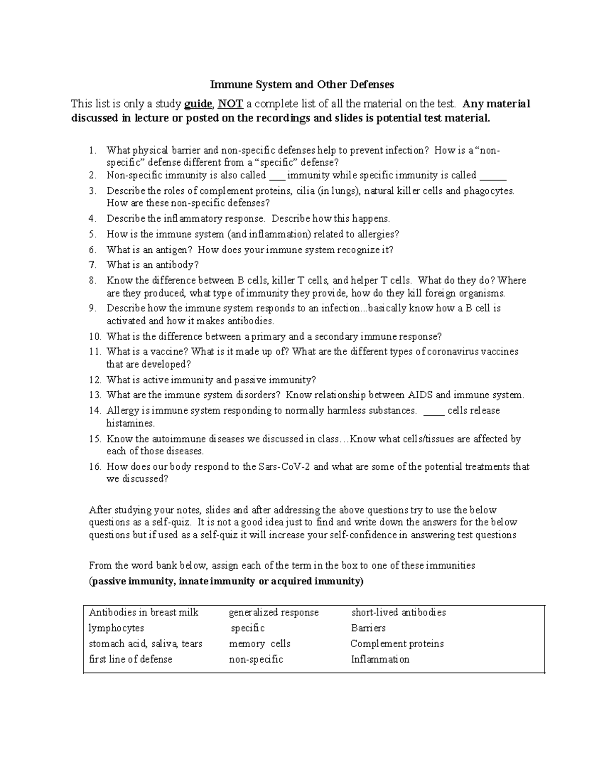 Review sheet immune system(1)(1) - Immune System and Other Defenses ...