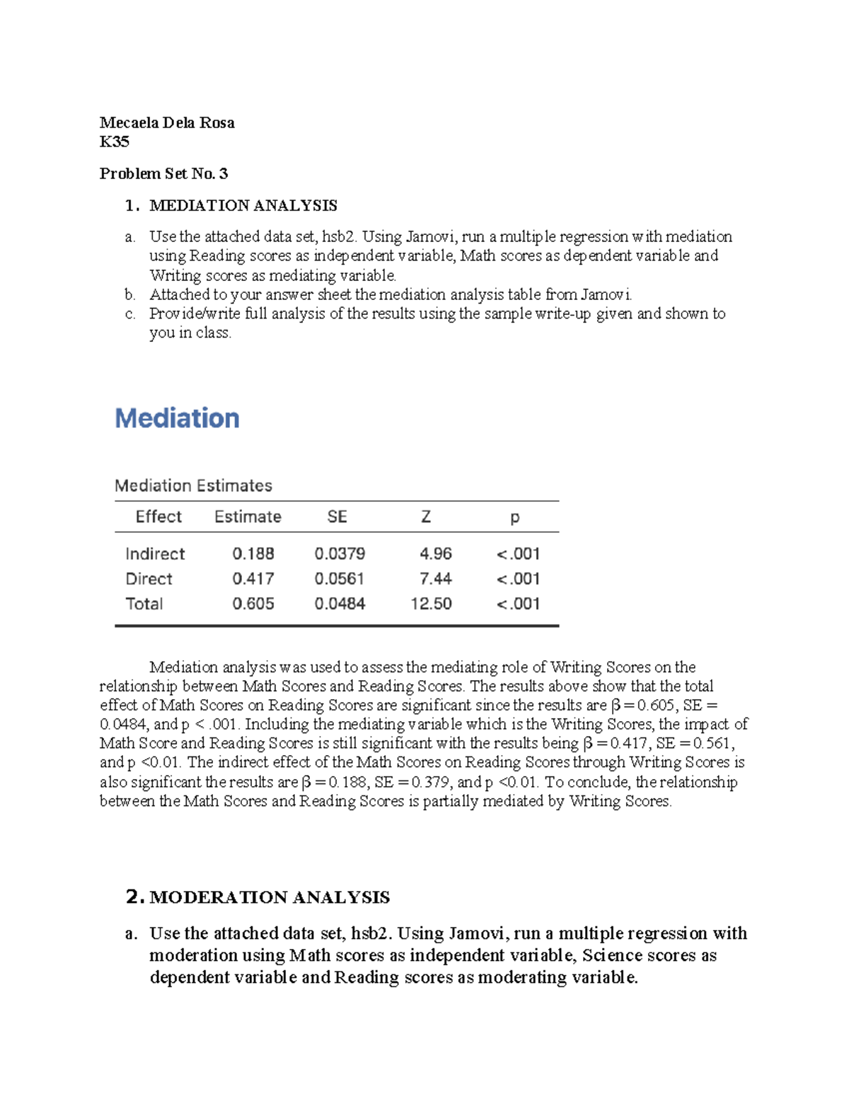 Problem Set 3 - Mecaela Dela Rosa K Problem Set No. 3 1. MEDIATION ANALYSIS a. Use the attached ...