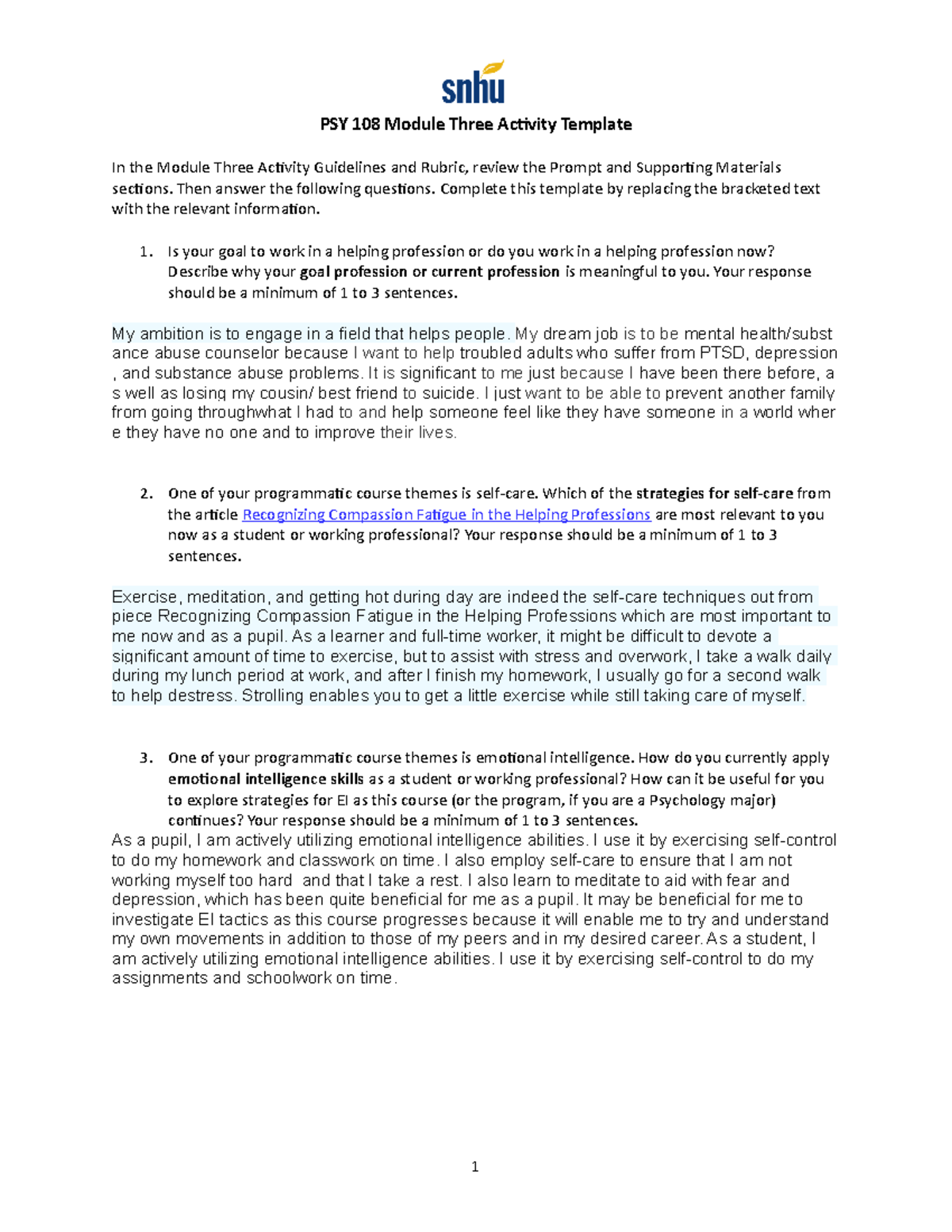 PSY 108 Module Three Activity Template - Then answer the following ...