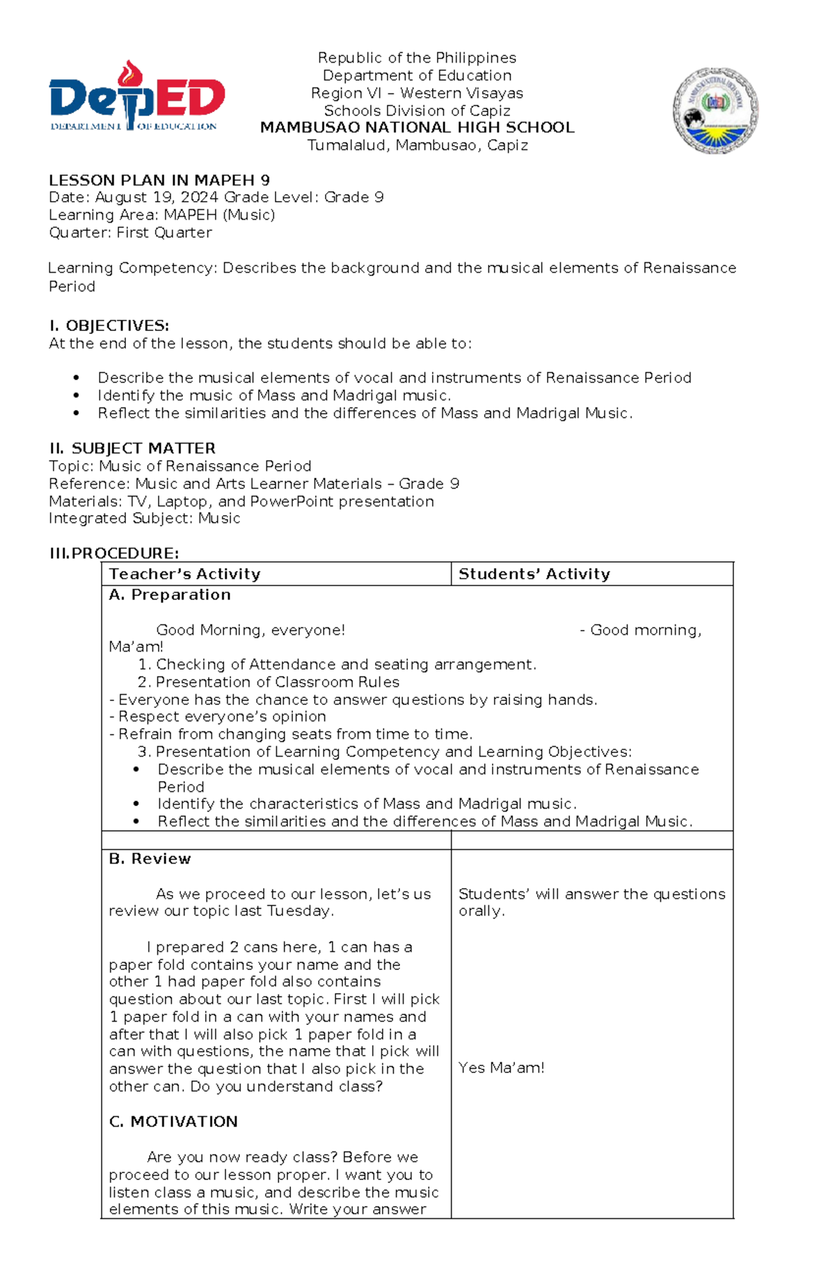 Renaissance Period Detailed Lesson plan day 2 - Copy - Republic of the ...