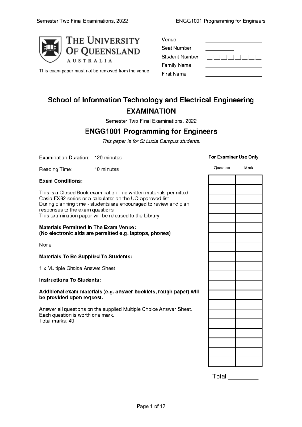 Semester Two Final Examinations 2022 ENGG1001 - This exam paper must not be removed from the ...