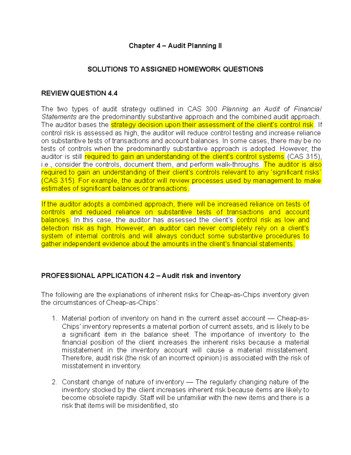 Ch. 4 Assigned Homework Answers - Chapter 4 – Audit Planning II ...