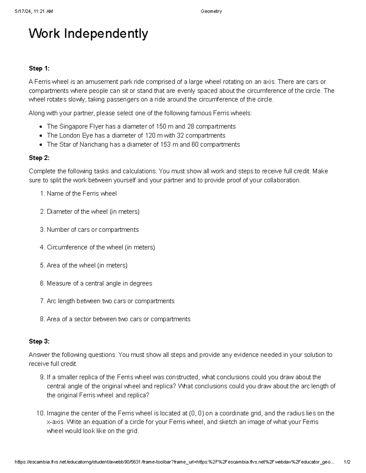 7.03 assignment - Work Independently Step 1: A Ferris wheel is an ...
