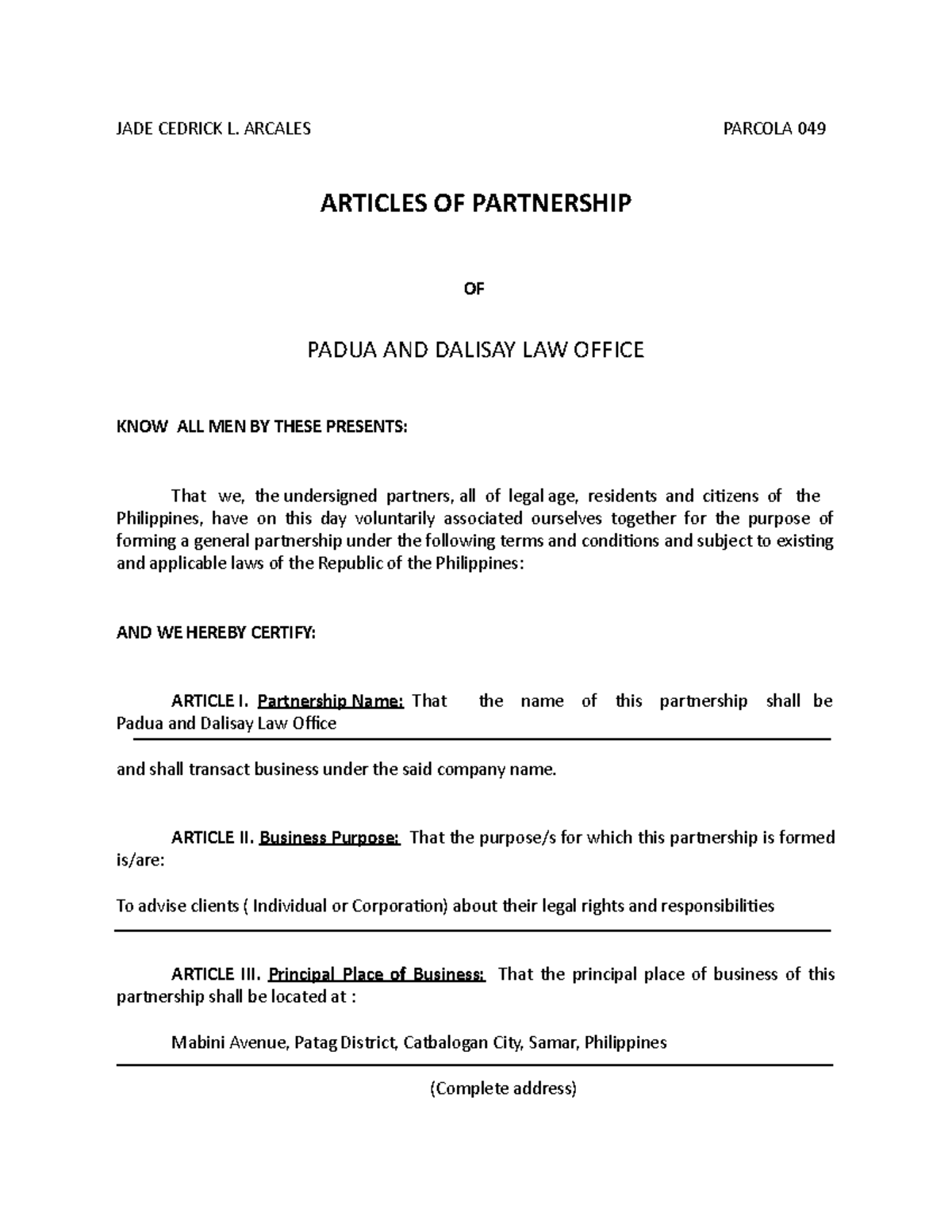 Parcola - Bachelor of Science in Accountancy - JADE CEDRICK L. ARCALES ...