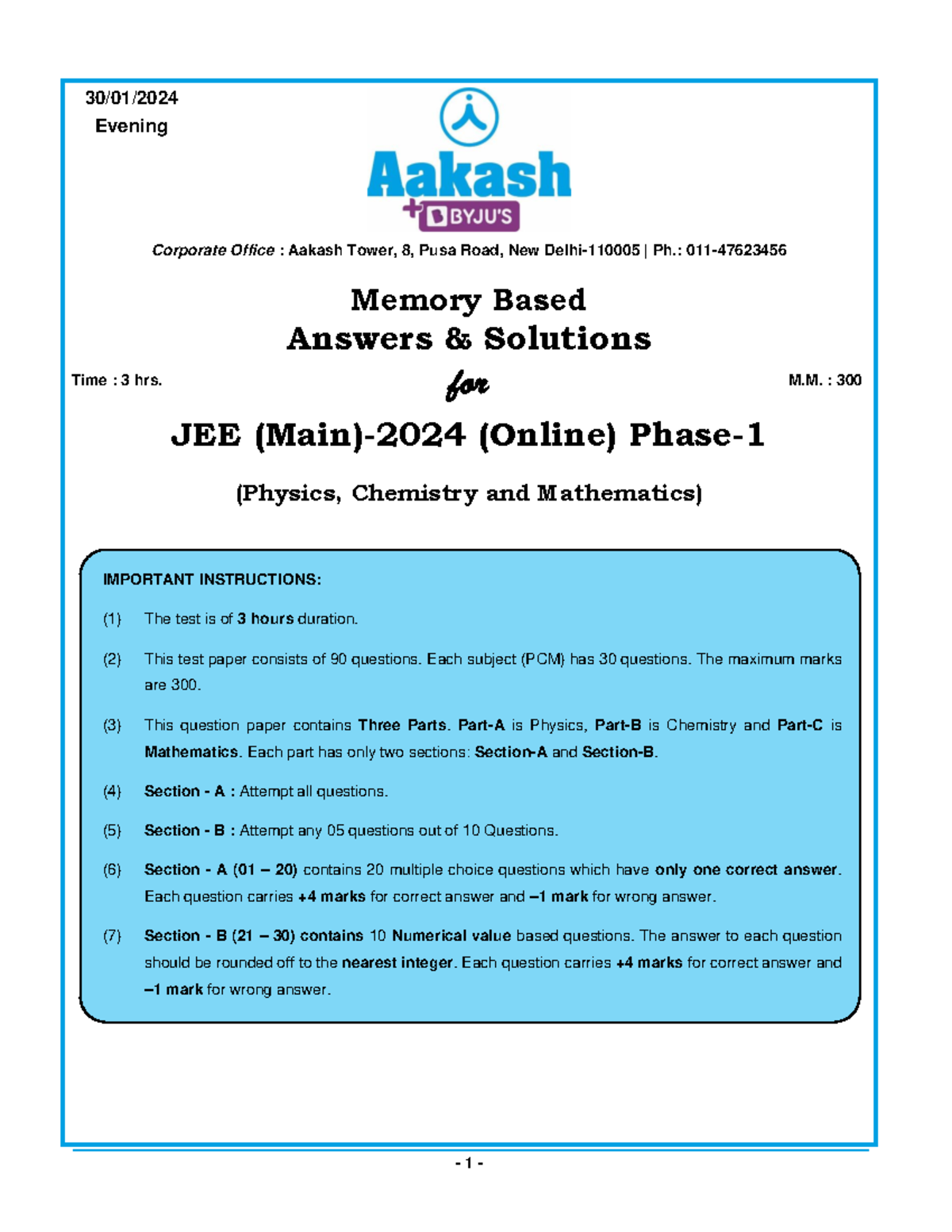 JEE Main 2024 jan30 shift 2 evening - Corporate Office : Aakash Tower ...