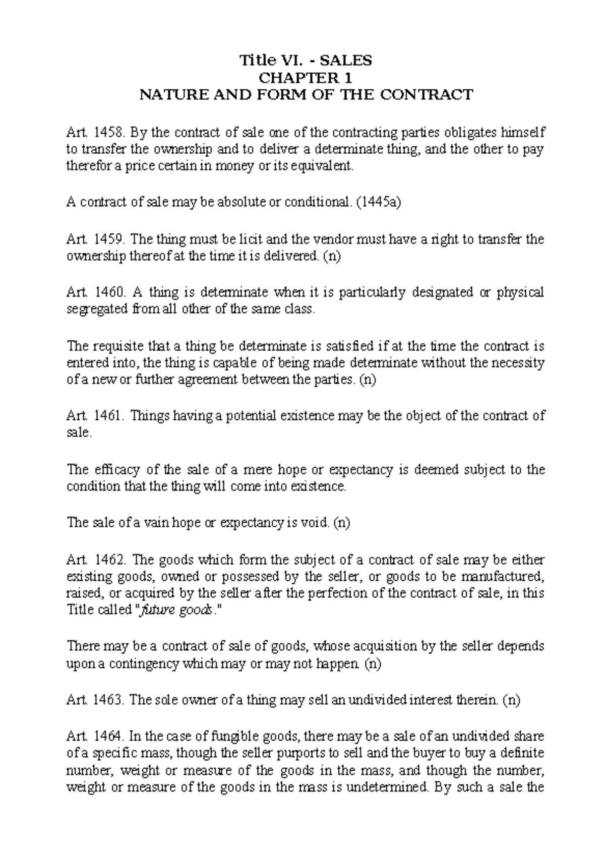 Article 1458-1637 - Title VI. - SALES CHAPTER 1 NATURE AND FORM OF THE ...