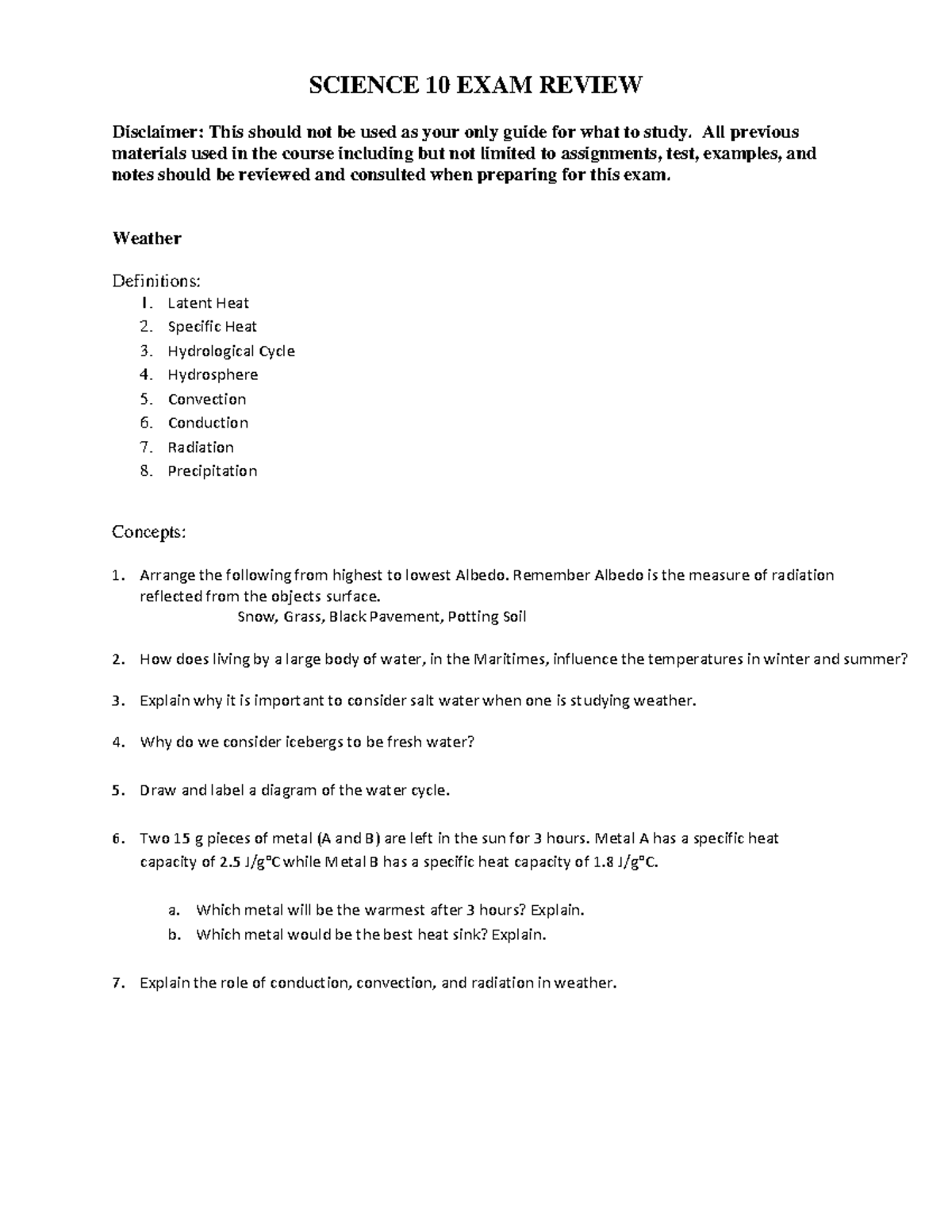 Science 10 Exam Review - Class notes - SCIENCE 10 EXAM REVIEW ...