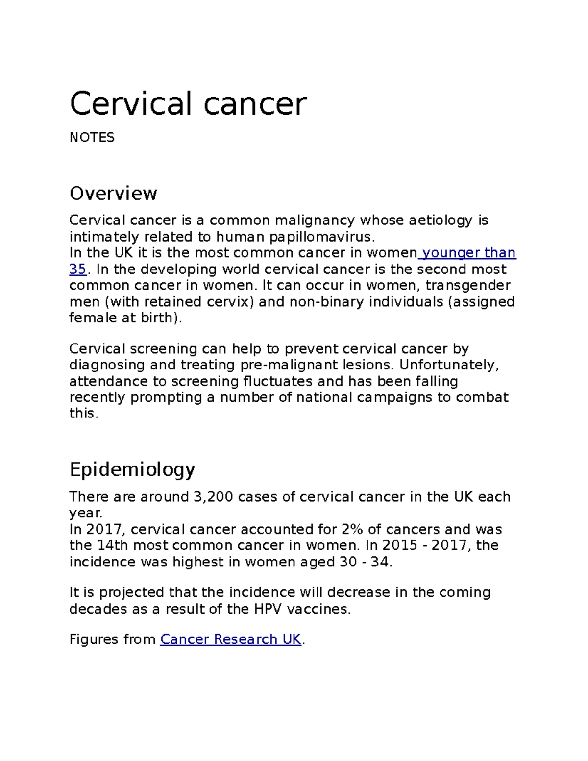 Cervical cancer - Lecture notes 1 - Cervical cancer NOTES Overview ...