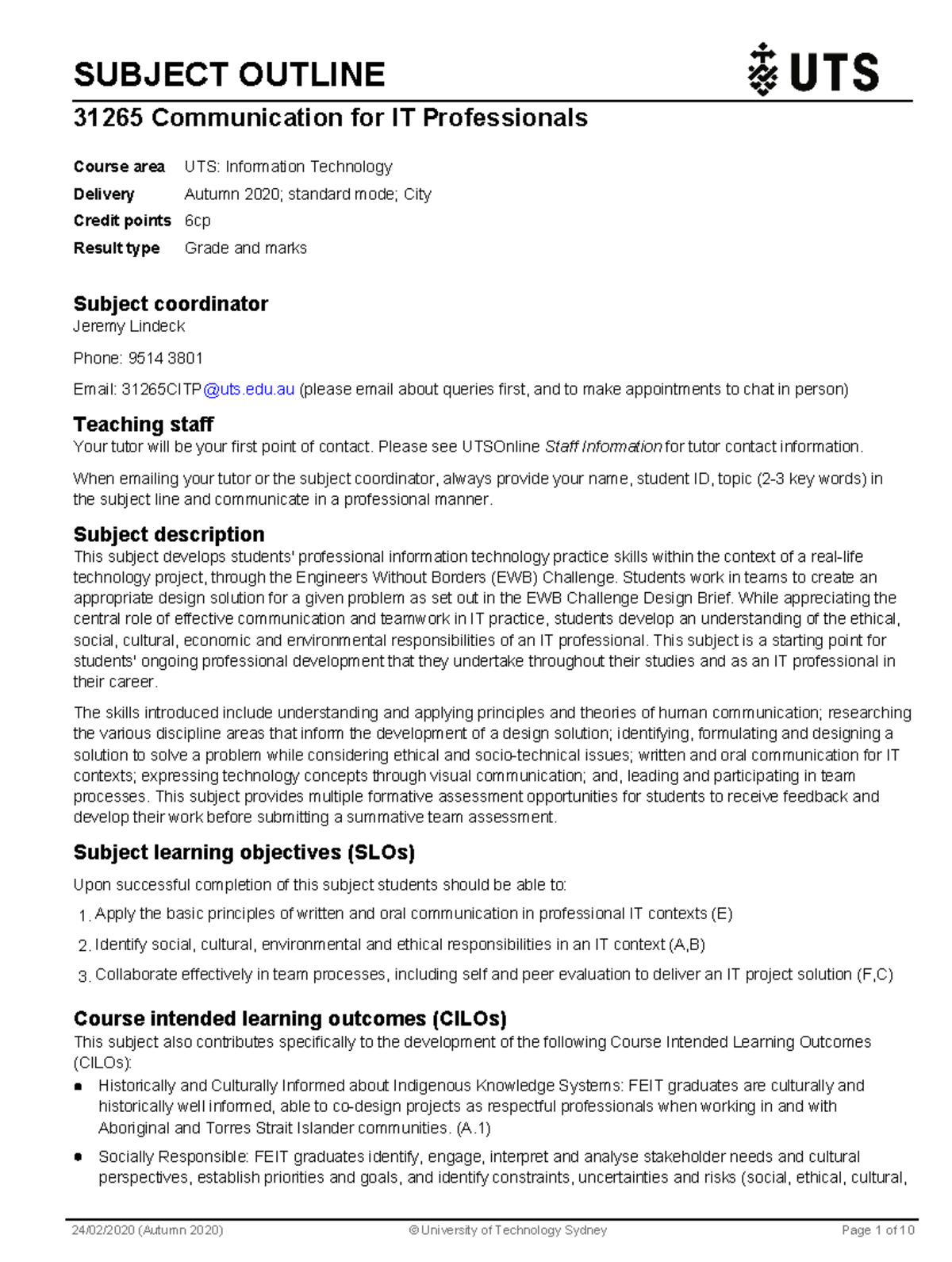 Communication for IT Professionals Course outline - SUBJECT OUTLINE ...