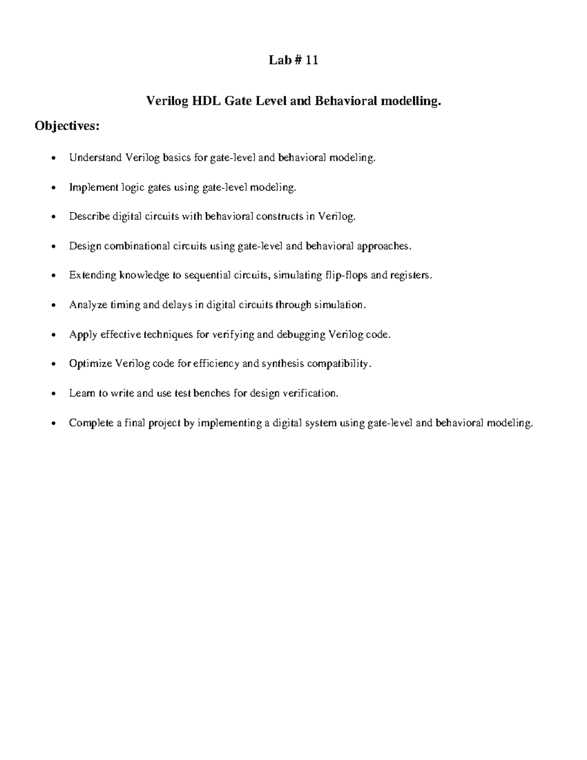 Lab # 11 (G and B) - Lab # 11 Verilog HDL Gate Level and Behavioral ...