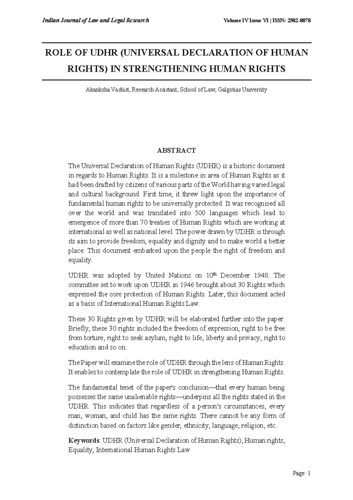 ROLE OF UDHR (UNIVERSAL DECLARATION OF HUMAN RIGHTS) IN STRENGTHENING ...