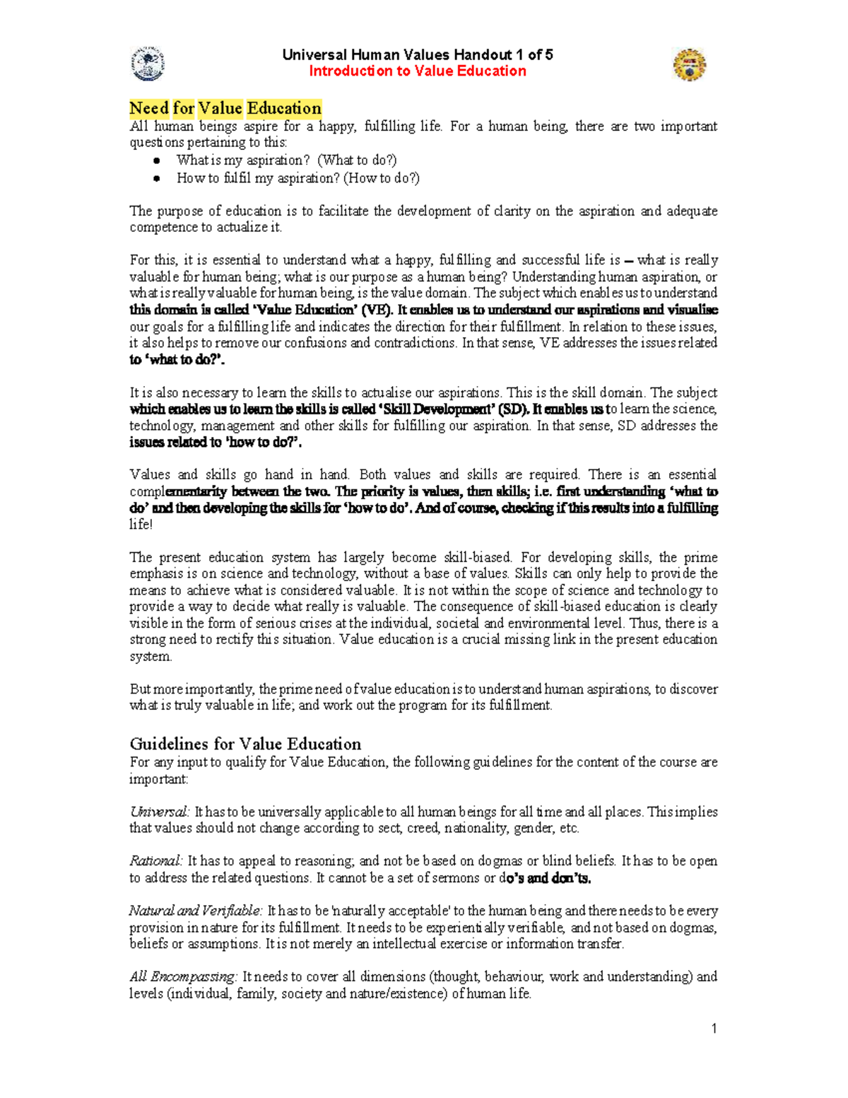 1 of 5 - universal human values notes jntuk r20 regulation ...