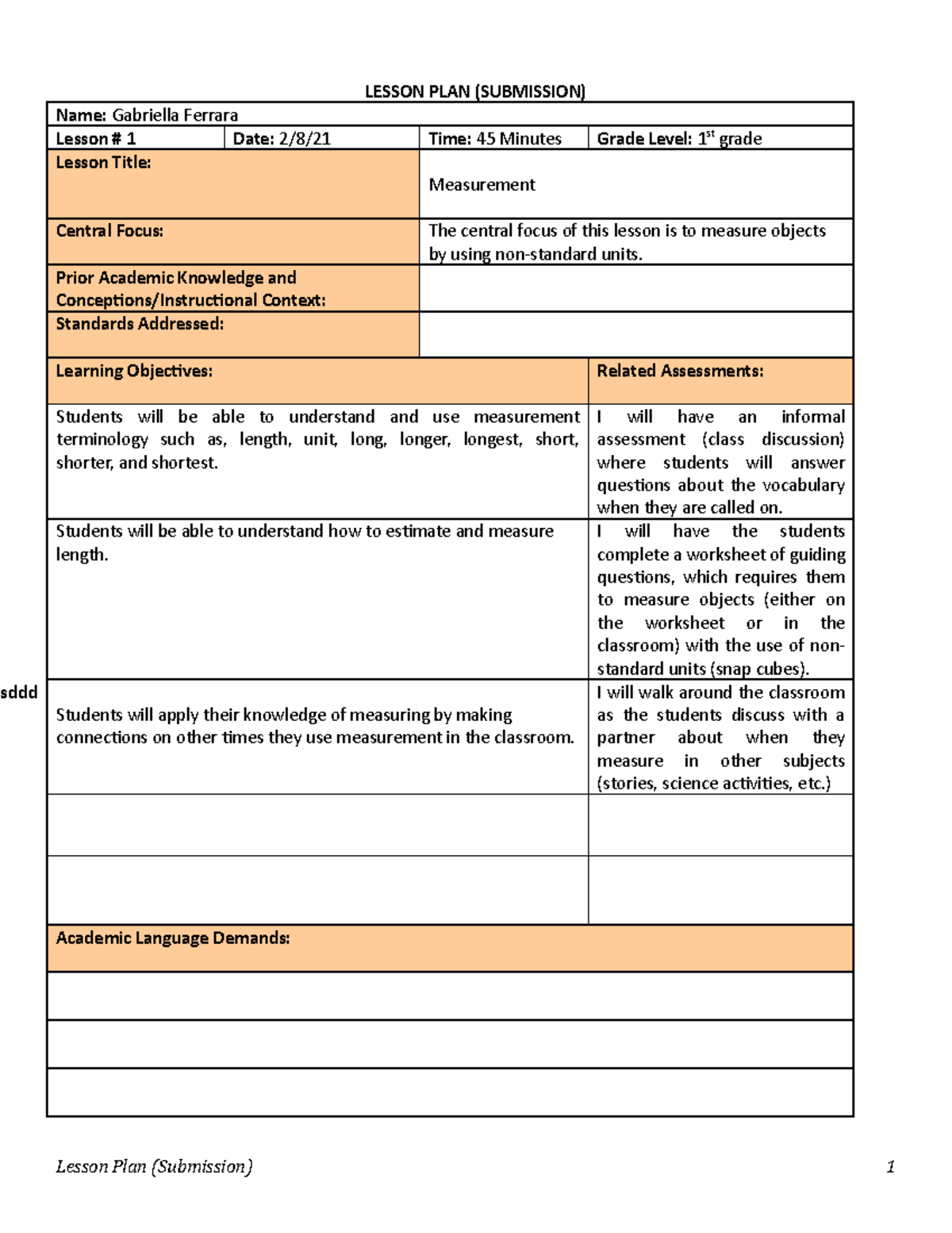 1st Grade Lesson Plan - LESSON PLAN (SUBMISSION) Name: Gabriella ...