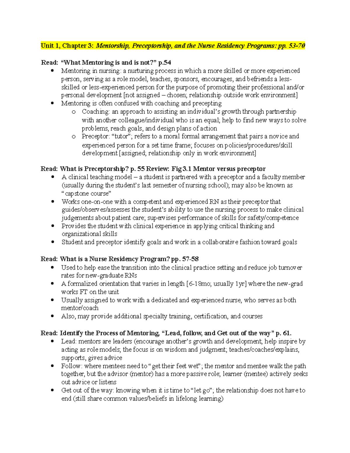 Study Guide Test 2 Fall 2023 2 - Unit 1, Chapter 3: Mentorship ...