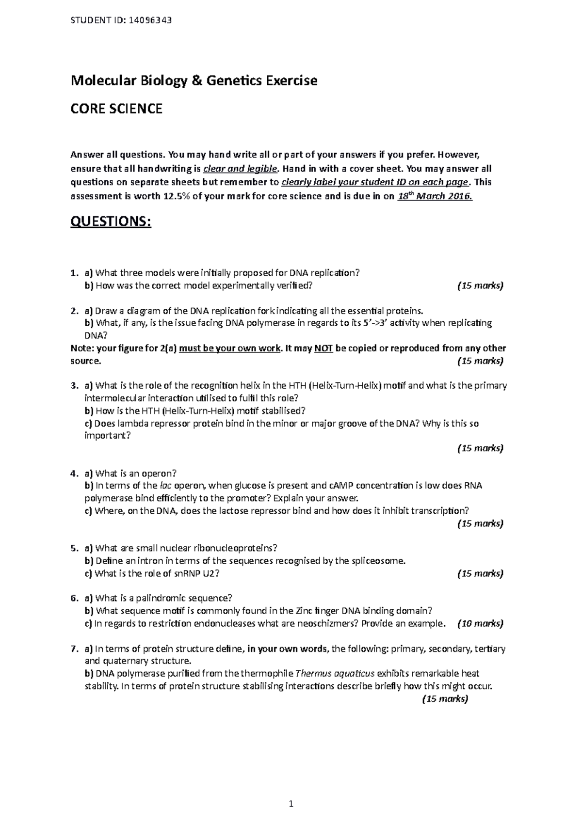 Molecular Biology and Genetics Exercise - Molecular Biology & Genetics ...