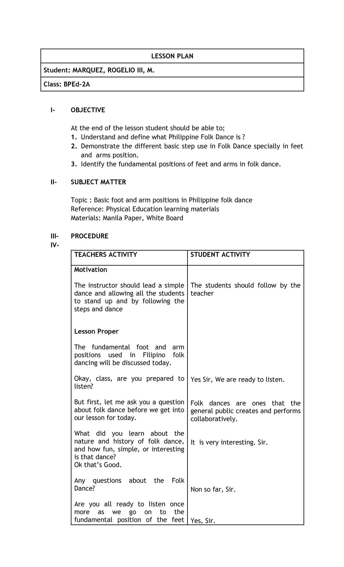 Detailed Lesson PLAN FOR Physical Educat - LESSON PLAN Student: MARQUEZ ...
