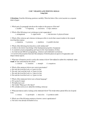 Reading and Writing Quiz - COR 7- READING AND WRITING SKILLS I ...