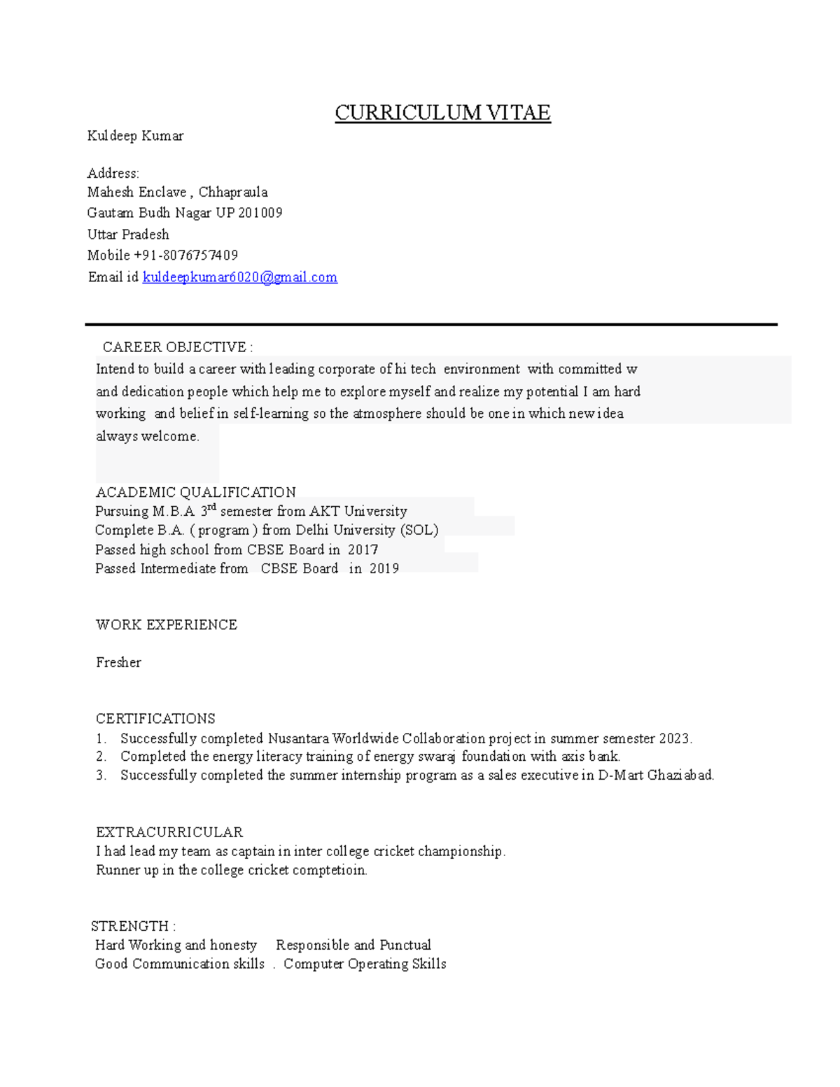 Kuldeep Resume edited - good - CURRICULUM VITAE Kuldeep Kumar Address ...