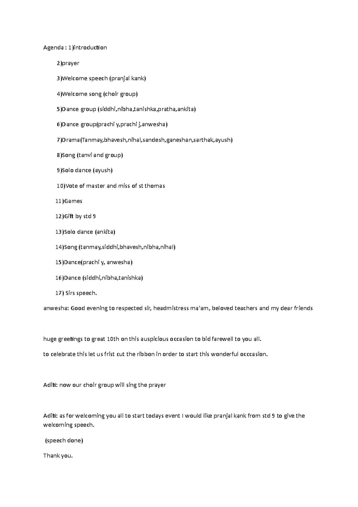 Farewell text - sgsgs - Agenda : 1)introduction 2)prayer 3)Welcome speech (pranjal kank) 4 ...