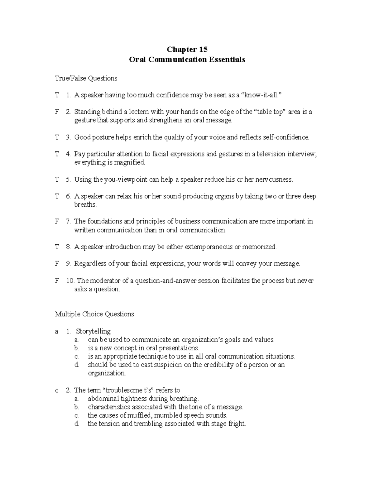 Chapter 15 - Oral Communication Essentials - Chapter 15 Oral Communication Essentials True/False ...