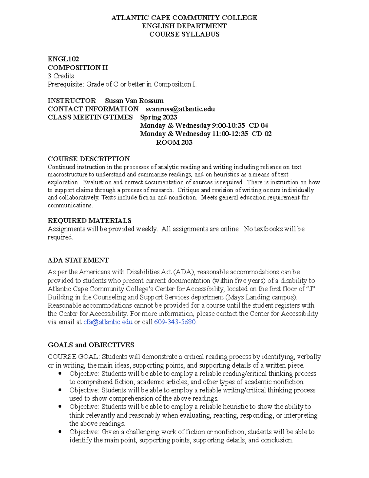 English 102 Department Syllabus Spring 2023 - ATLANTIC CAPE COMMUNITY ...