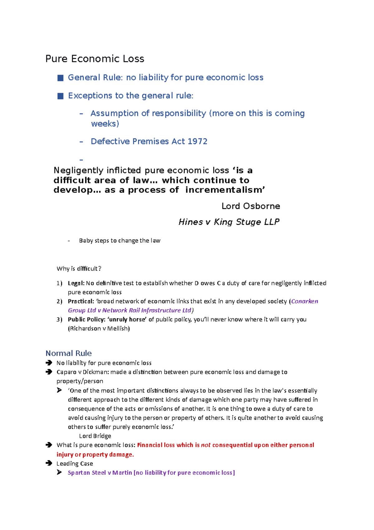 Pure Economic Loss - Pure Economic Loss General Rule: no liability for ...