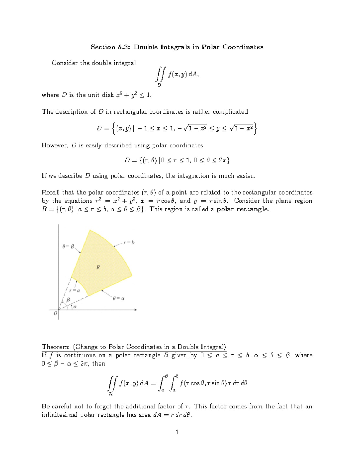 Section 5.3 Double Integrals in Polar Coordinates - Section 5: Double ...