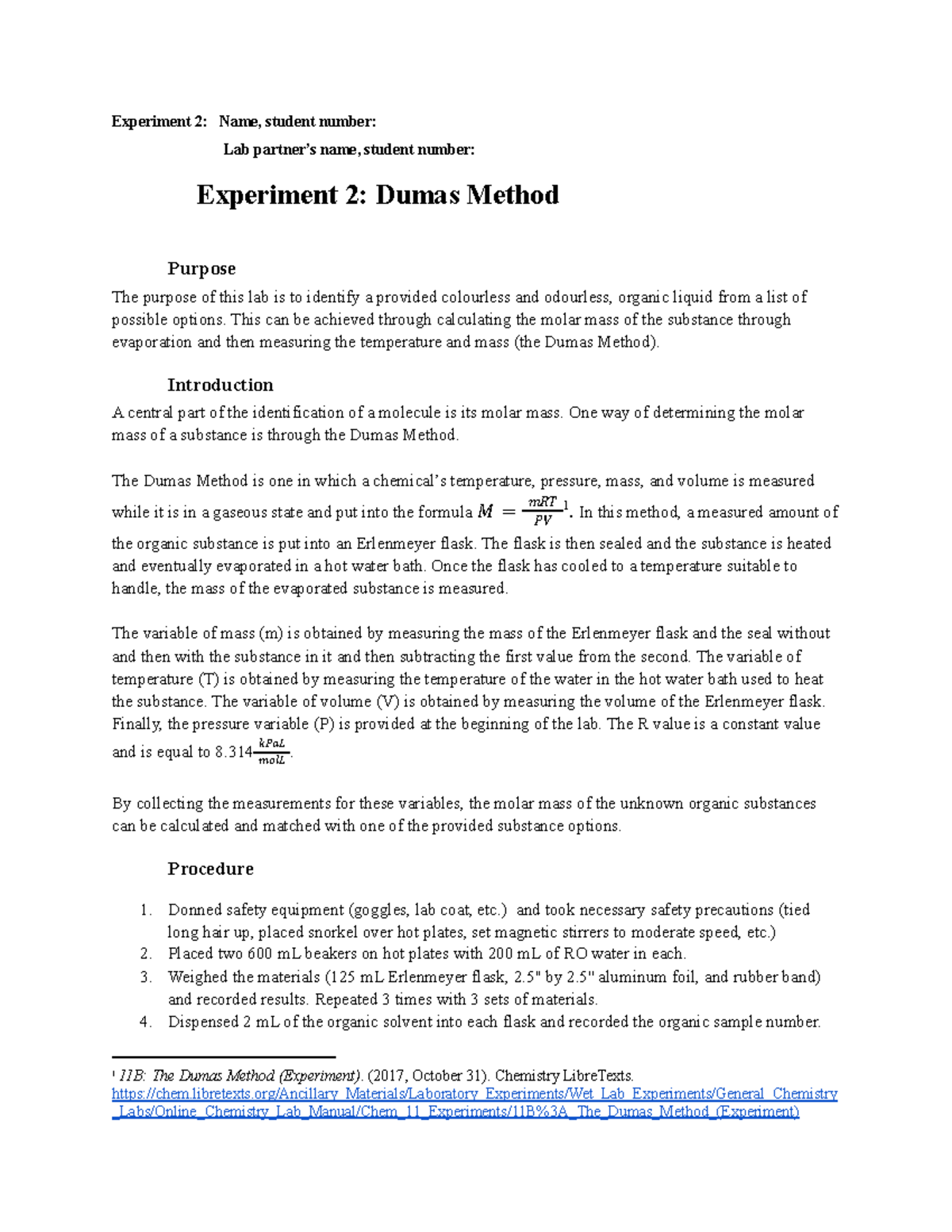 Experiment 2: Dumas Method - Experiment 2: Name, student number: Lab ...