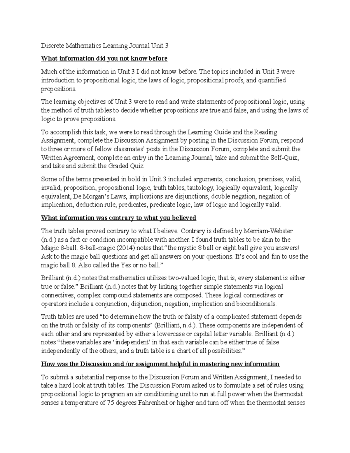 Discrete Mathematics - Learning Journal Unit 1 - The topics included in ...