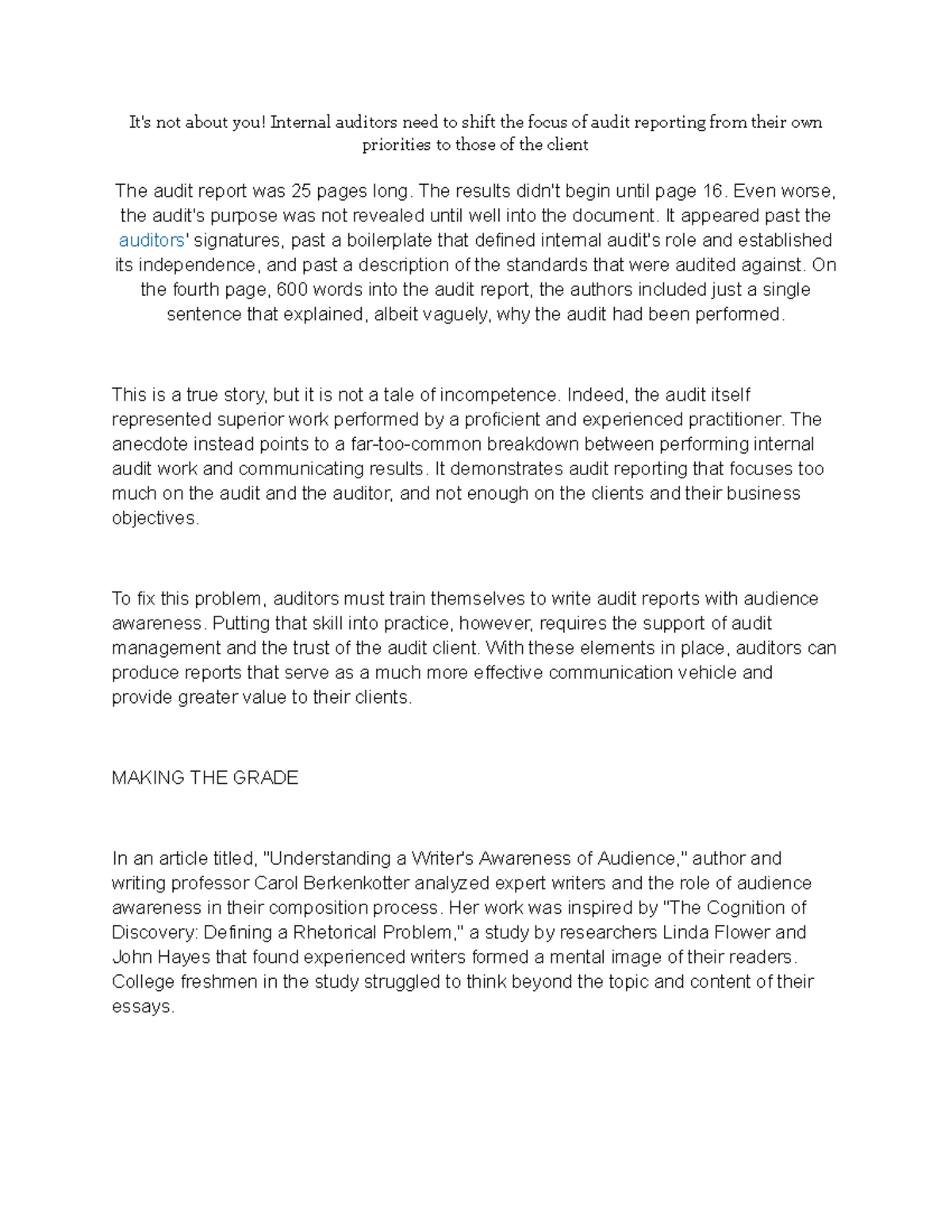 It's not about you - Internal audit article example given in class - It ...