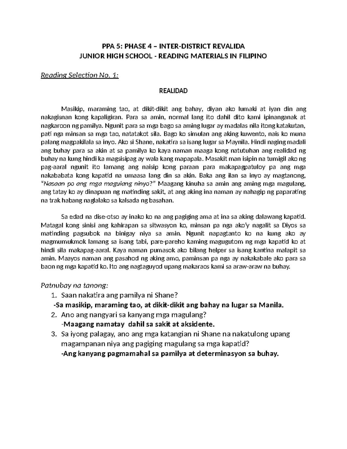 PPA 5 JHS Filipino Reading Materials - JUNIOR HIGH SCHOOL - READING ...