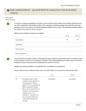 C957 - Practice Exam for preview - PRE-ASSESSMENT: APPLIED ALGEBRA (FXO1) PFXO Attempt # Status ...