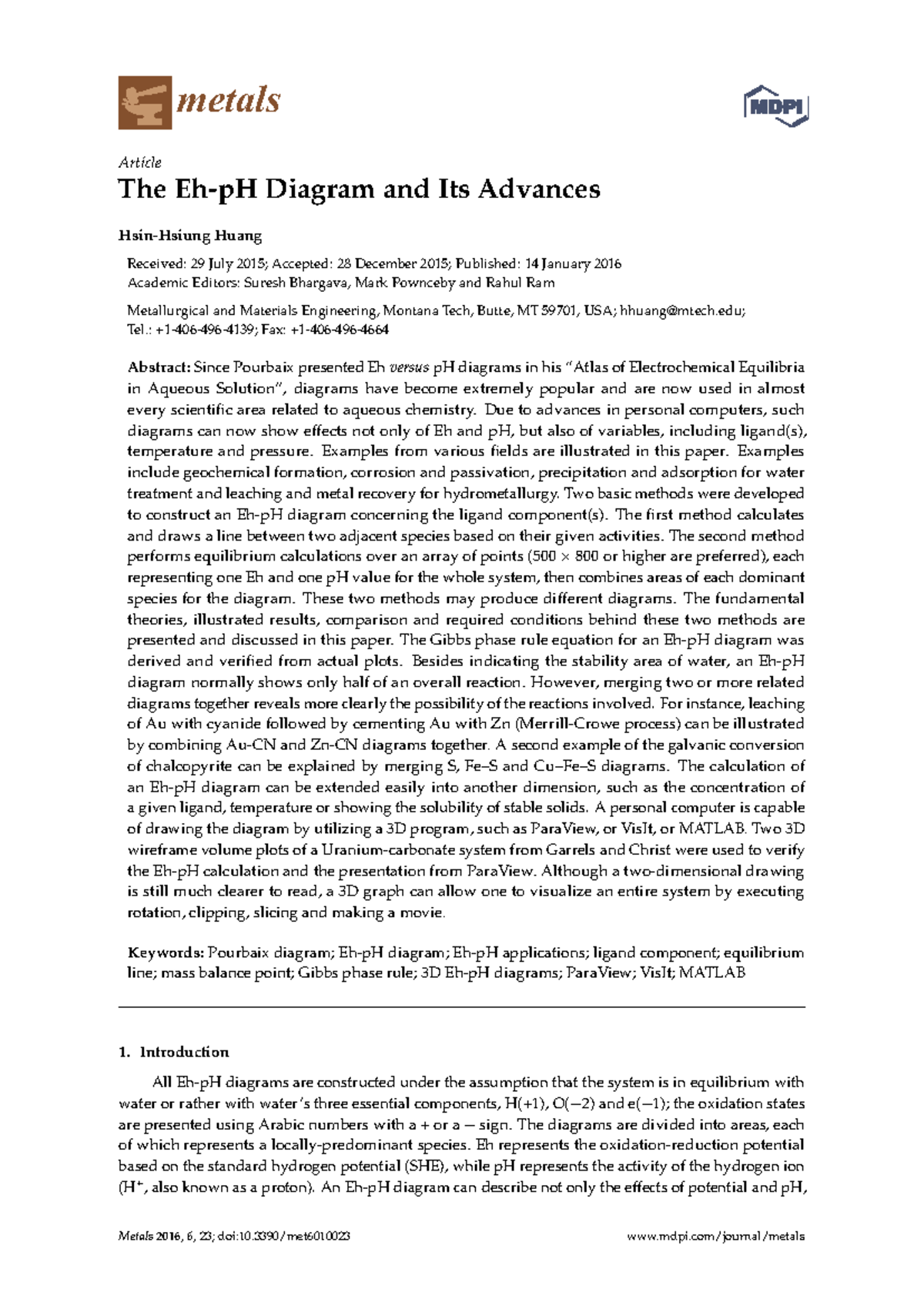 The Eh-p H Diagram and Its Advances - metals Article The Eh-pH Diagram ...